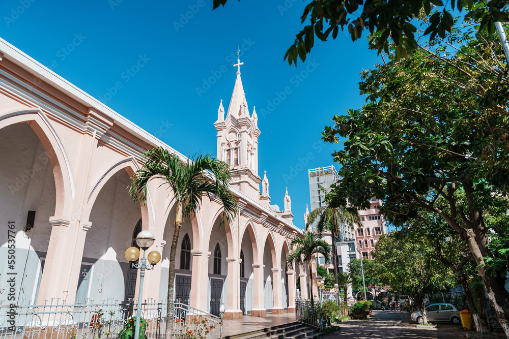 Pink Da Nang Cathedral church. Landmark and popular for tourist ...