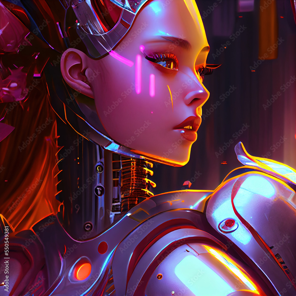 Detailed female super robot with bright neon light rays on black ...