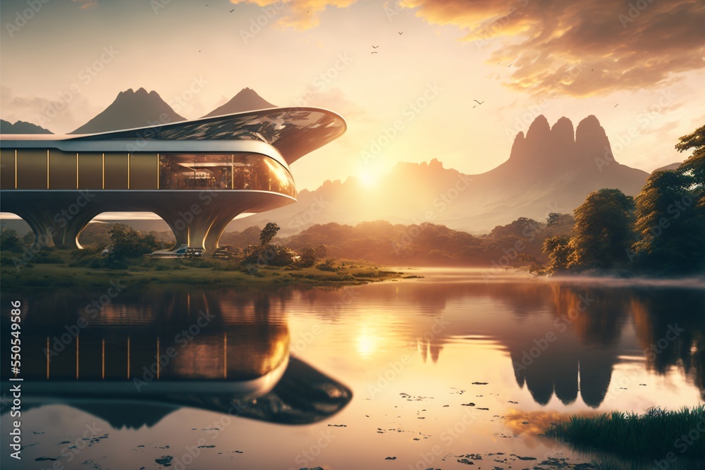 science fiction architecture, futuristic building, sunset over the ...