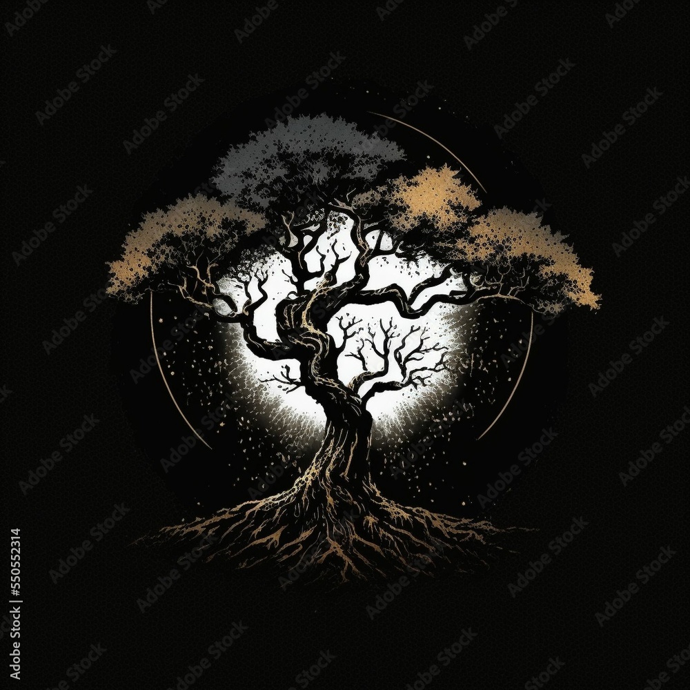 Mysterious illustration of the tree of life on a black background Stock ...