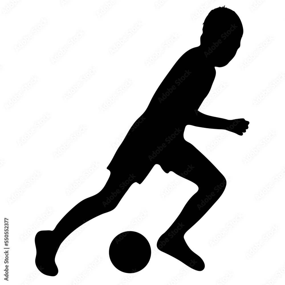 Silhouette of football player boy kicking ball, children game of soccer ...