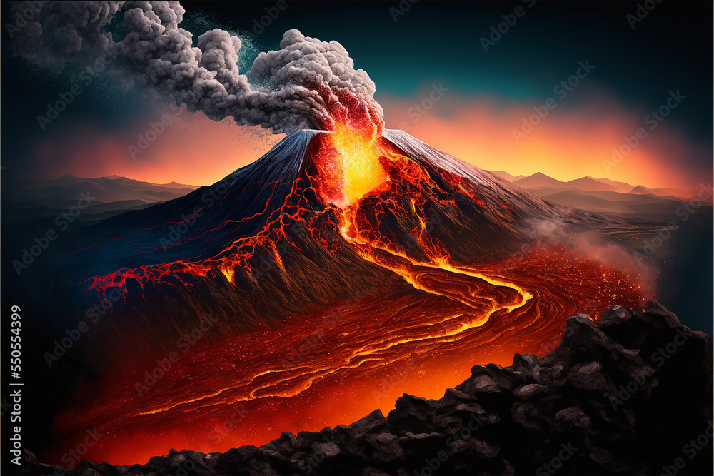 Volcanic eruptions in dark dramatic tone color, dark sky, lava ...