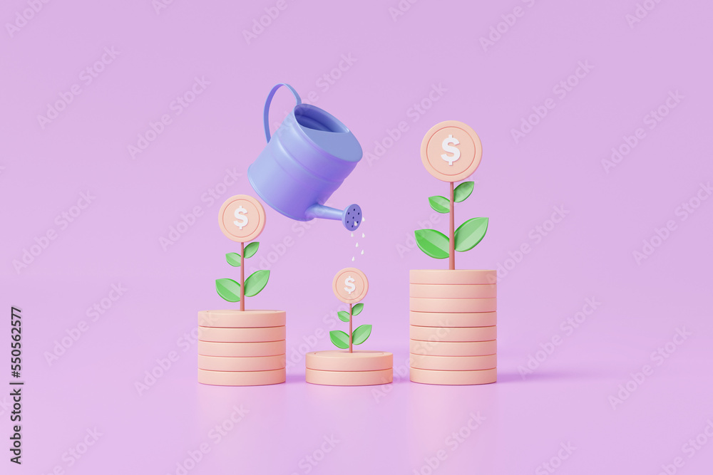 3D icon elements watering can showing financial stacks coins growing ...