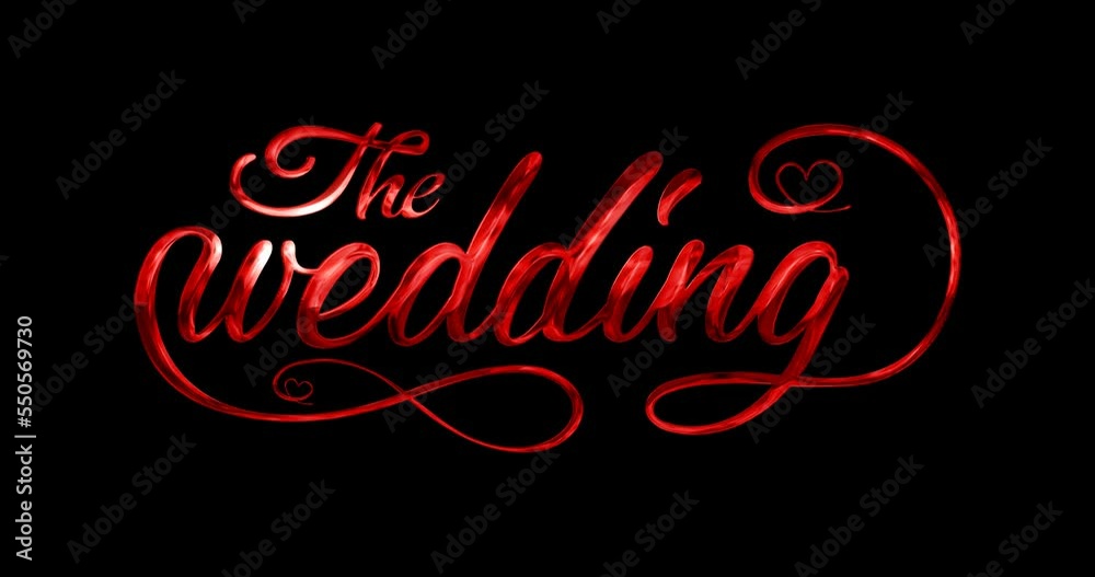 The Wedding. Animation text with smooth lines in red metal color on the ...
