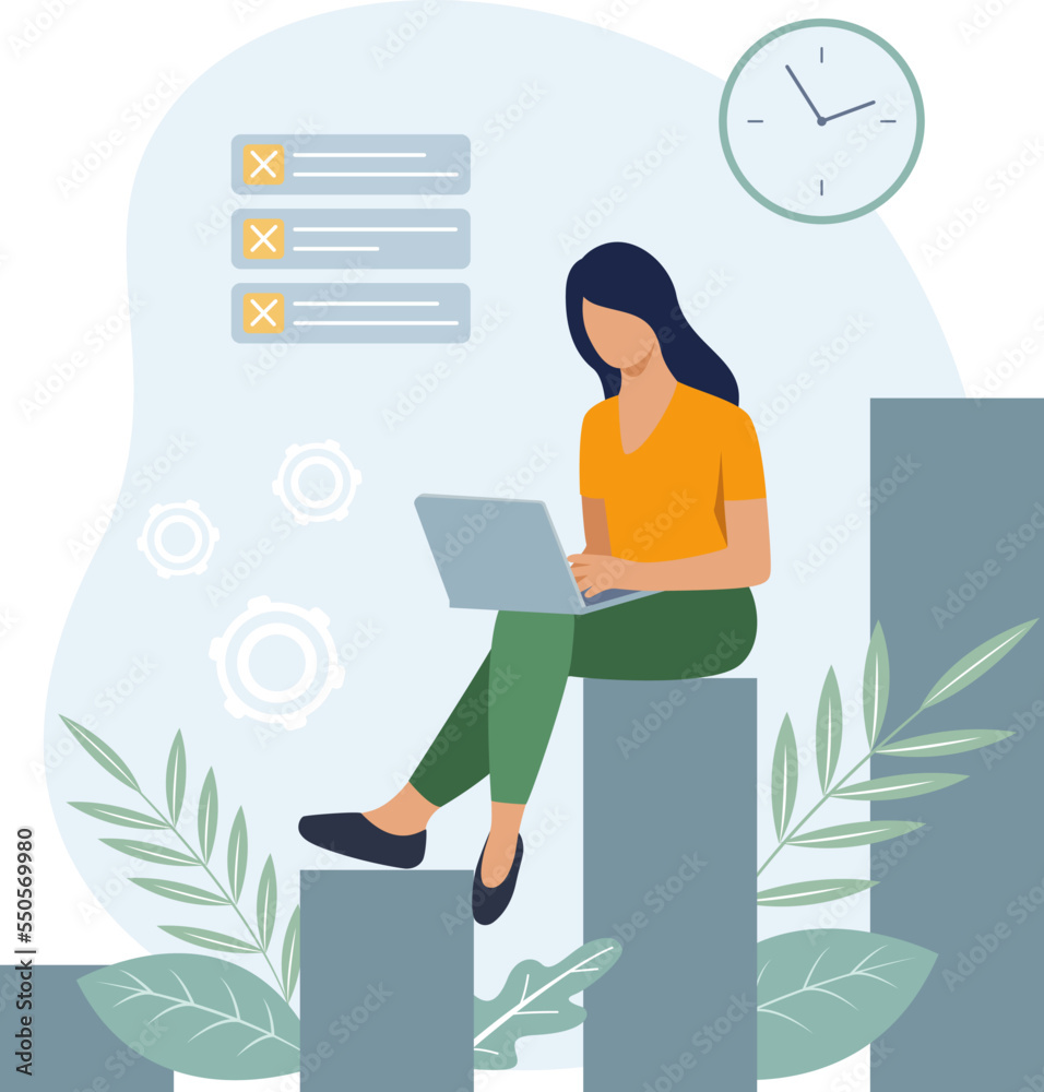 Time management vector illustration. The girl works at the laptop ...