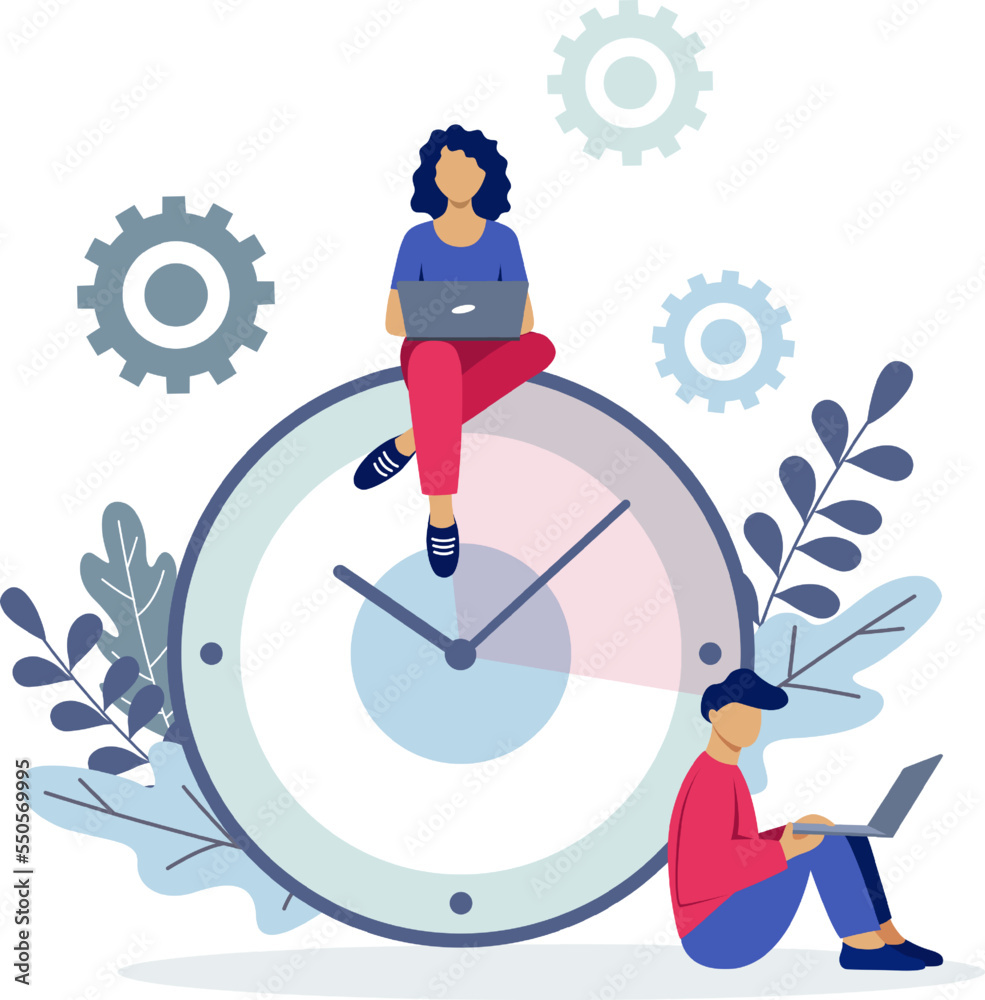 Time management vector illustration. People work on laptops, completing ...