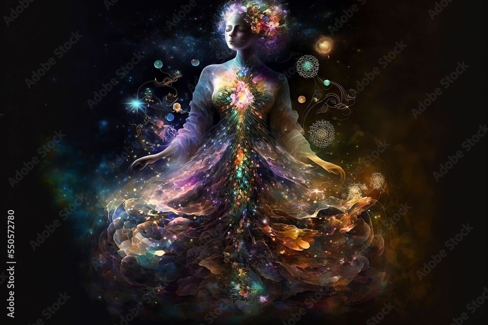 Drawing of woman in the middle of pure energy of spiritual design ...