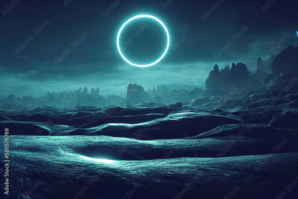 moon and stars landscape over a foreign alien world with haunting ...