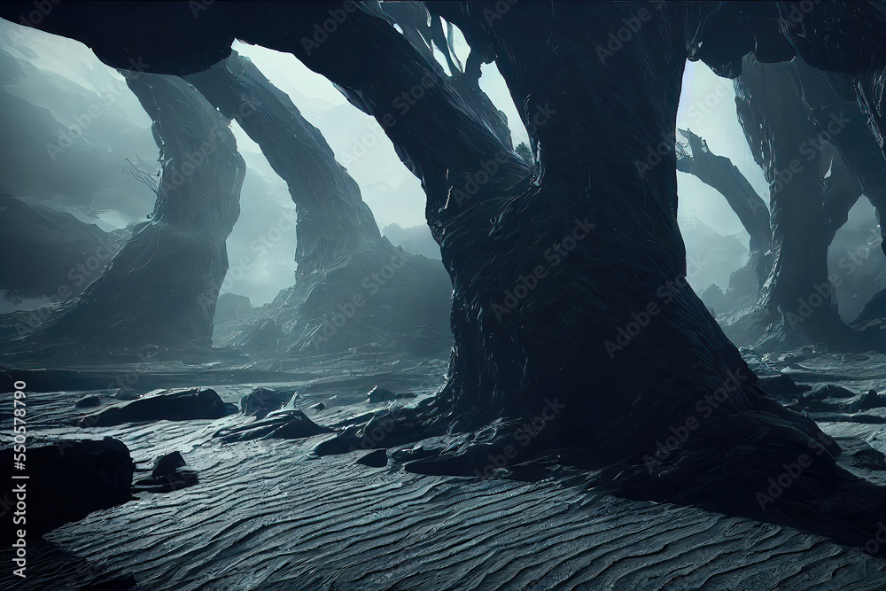 moon and stars landscape over a foreign alien world with haunting ...