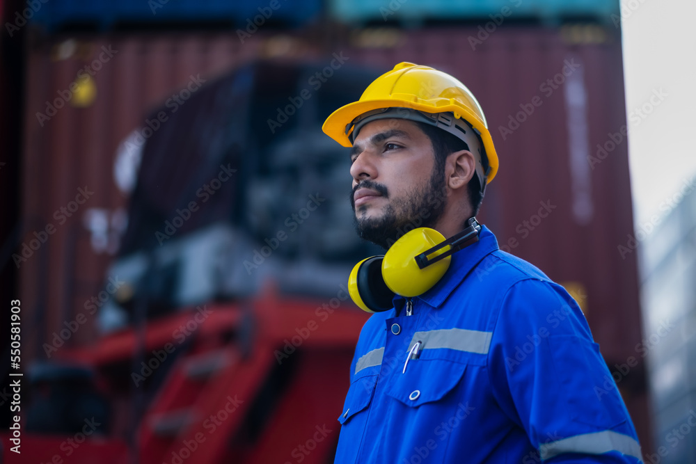 Foreman control loading containers box from factory to cargo freight ...