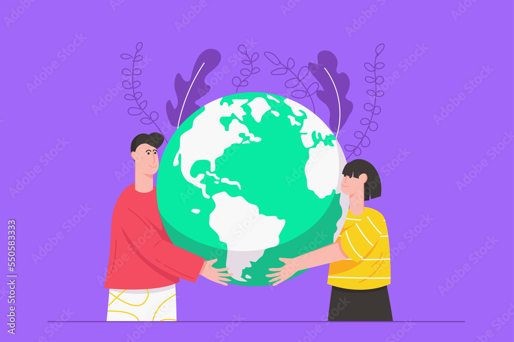 Earth day holiday celebration modern flat concept. Woman and man hug ...