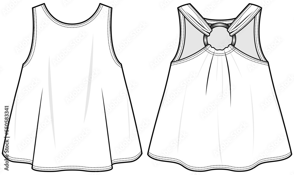 womens flared tank top flat sketch vector illustration front and back ...