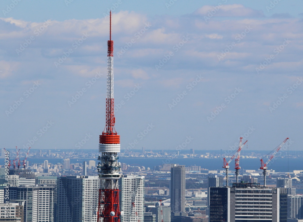 TOKYO, JAPAN - March 8, 2019: Close-up of the top of Tokyo Tower with ...