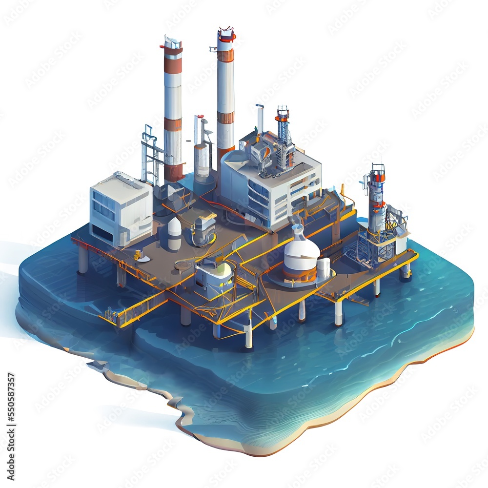 Cartoon refinery plant in the sea isometric diorama isolated on white ...