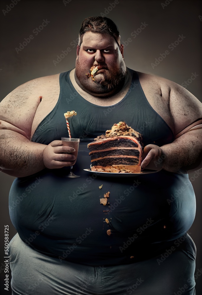 Unhealthy eating concept. Overweight male person with a cake. Ai generated illustration Stock ...