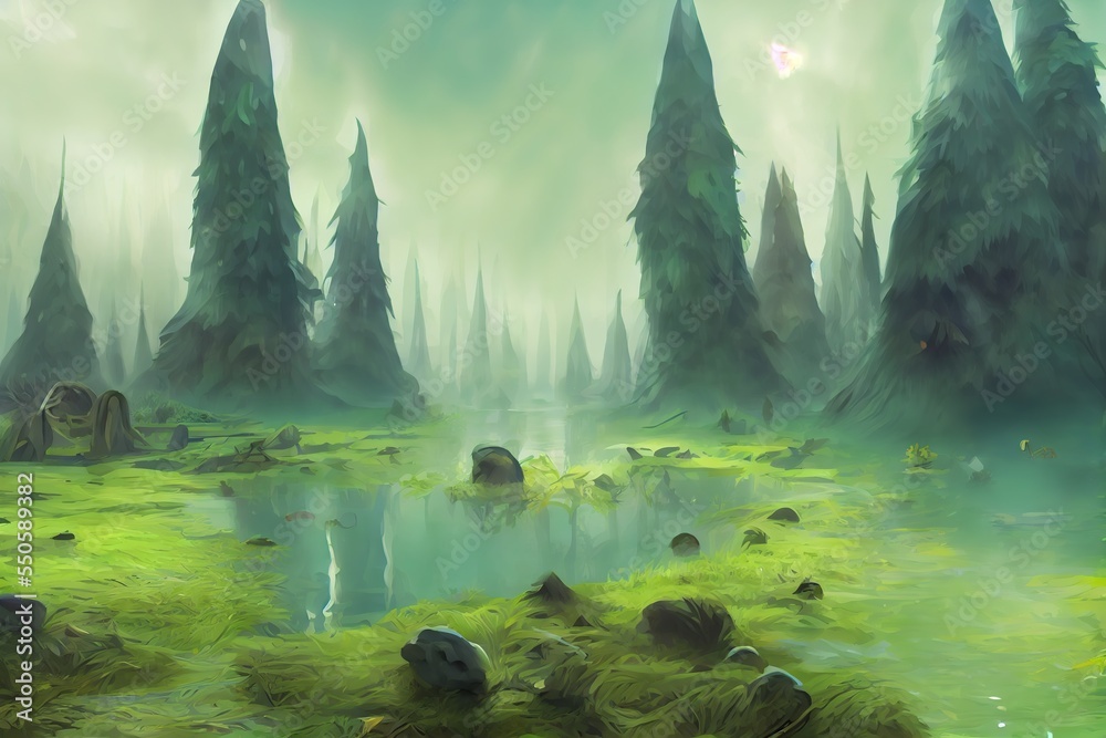 Fantasy Swamp in the Forest Moring, Video Game's Digital CG Artwork ...