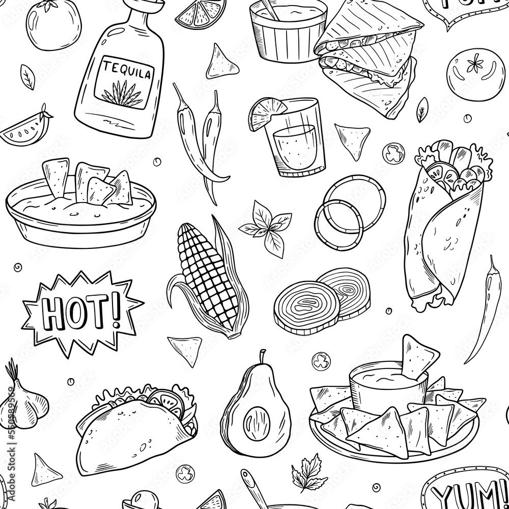 Seamless pattern with latin american, mexican food. Cuisine mexicaine ...