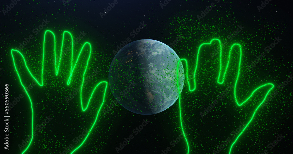 Two hands wave their palm in space among planet earth rotating, stars ...