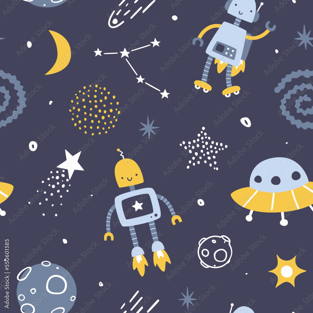 Cute space pattern with robots for kids. Seamless cosmic vector print ...
