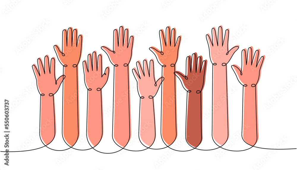 Hands raised up one line colored continuous drawing. Teamwork ...