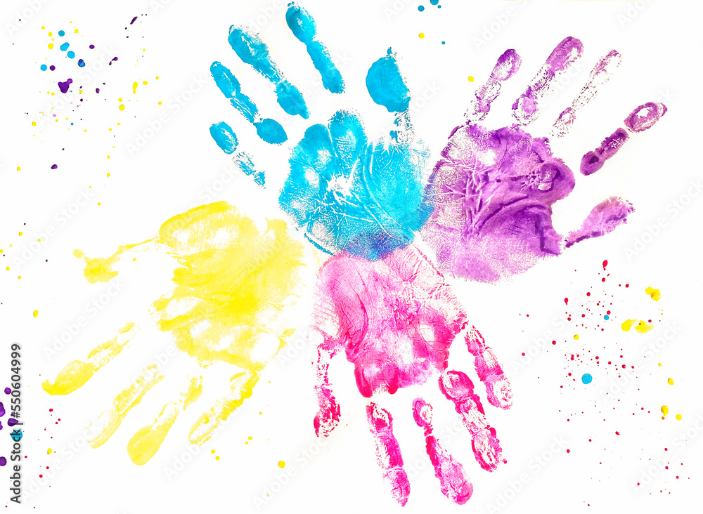 Multi-colored prints of children's palms. Colorful watercolor ...