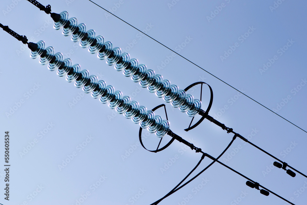 power line construction of cable supports and insulators. High voltage ...