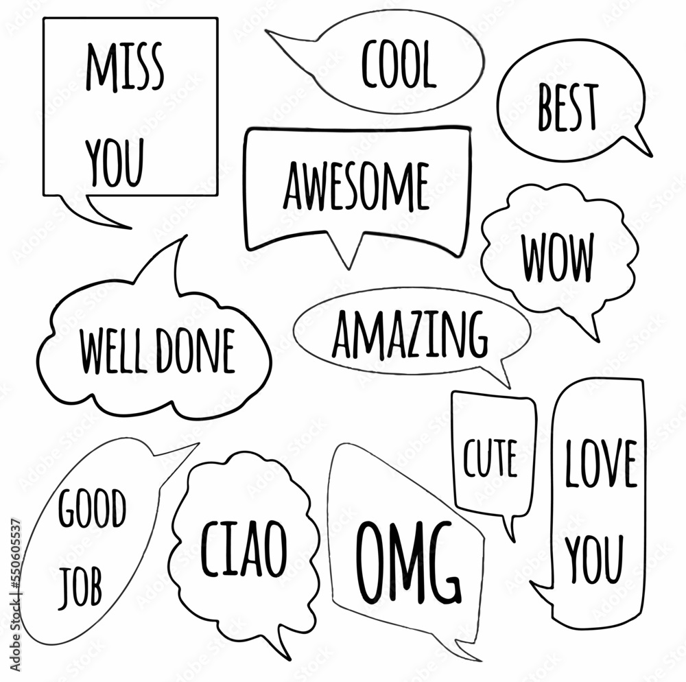 Set collection hand drawn speech bubbles of miss you, cool, best ...