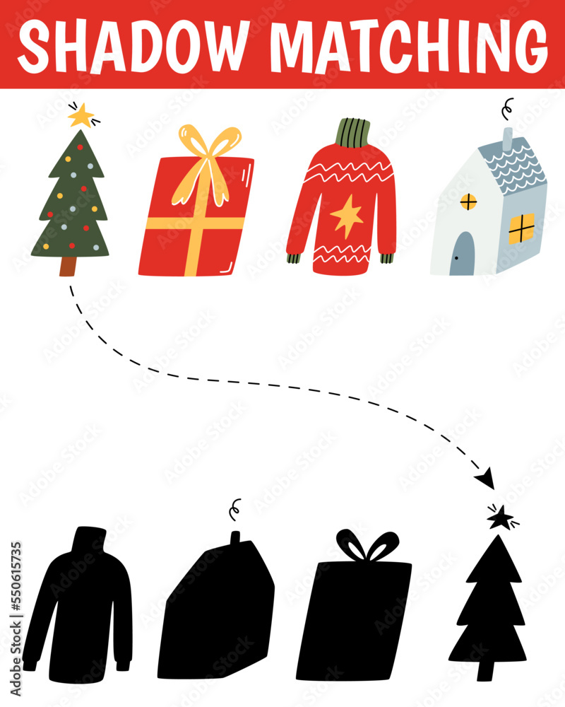 Christmas shadow matching activity for children. Winter puzzle with ...