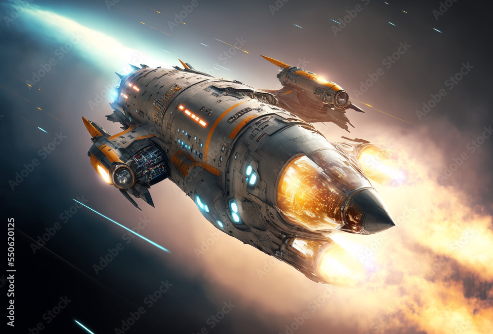 Spaceship going Hyper speed in Outer Space, Spacecraft Illustration ...