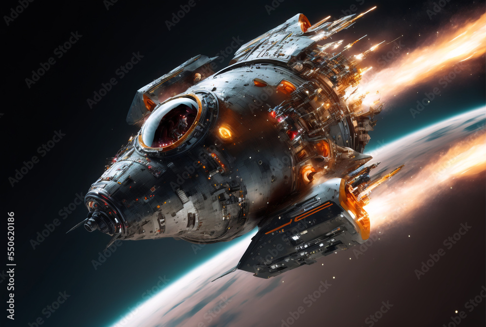 Spaceship going Hyper speed in Outer Space, Spacecraft 3D rendering ...