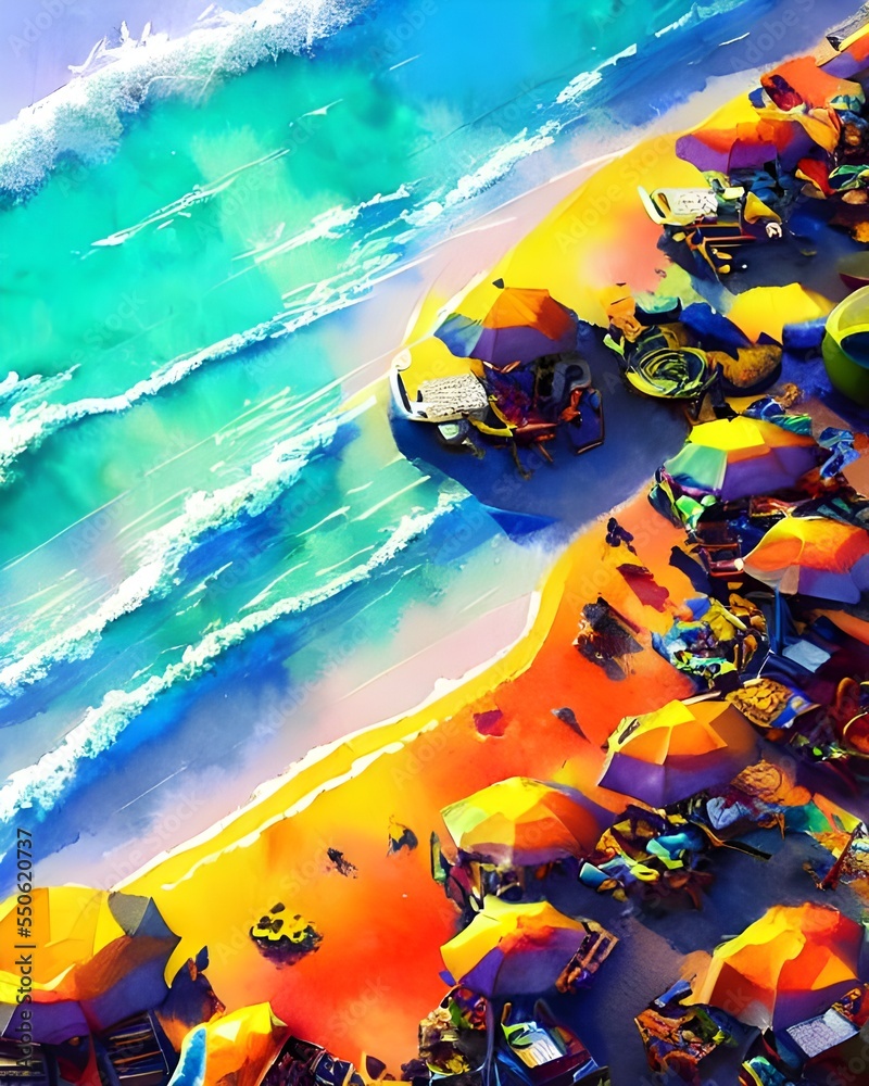 A beautiful watercolor painting of a beach scene. The colors are very ...