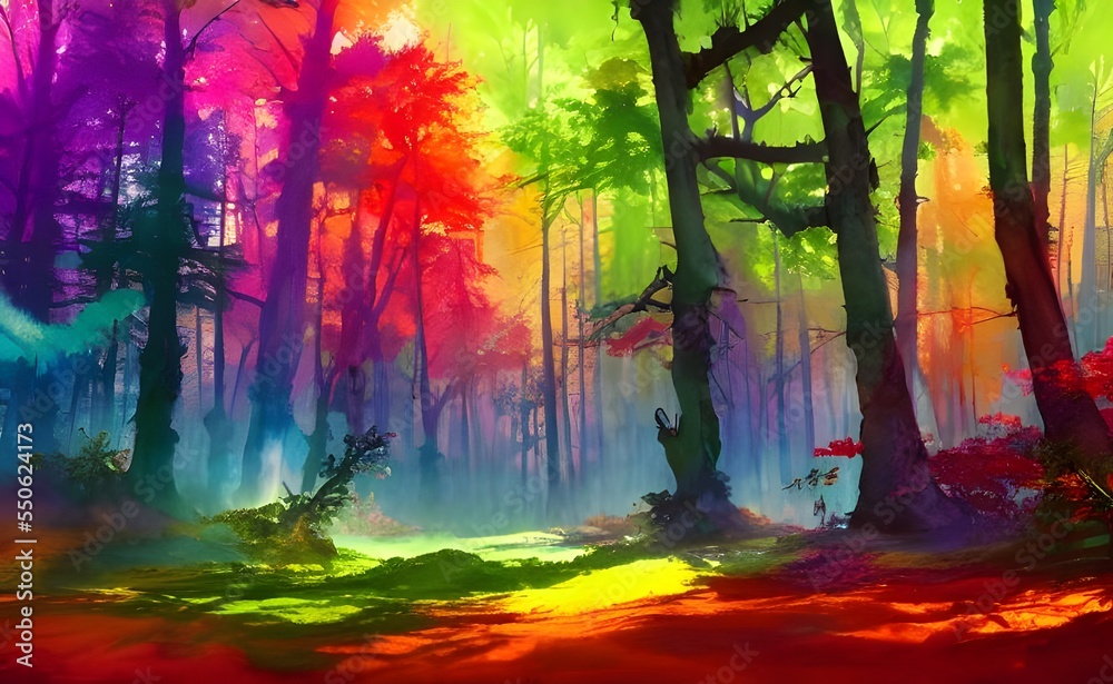 A colorful forest watercolor painting with many different shades of ...