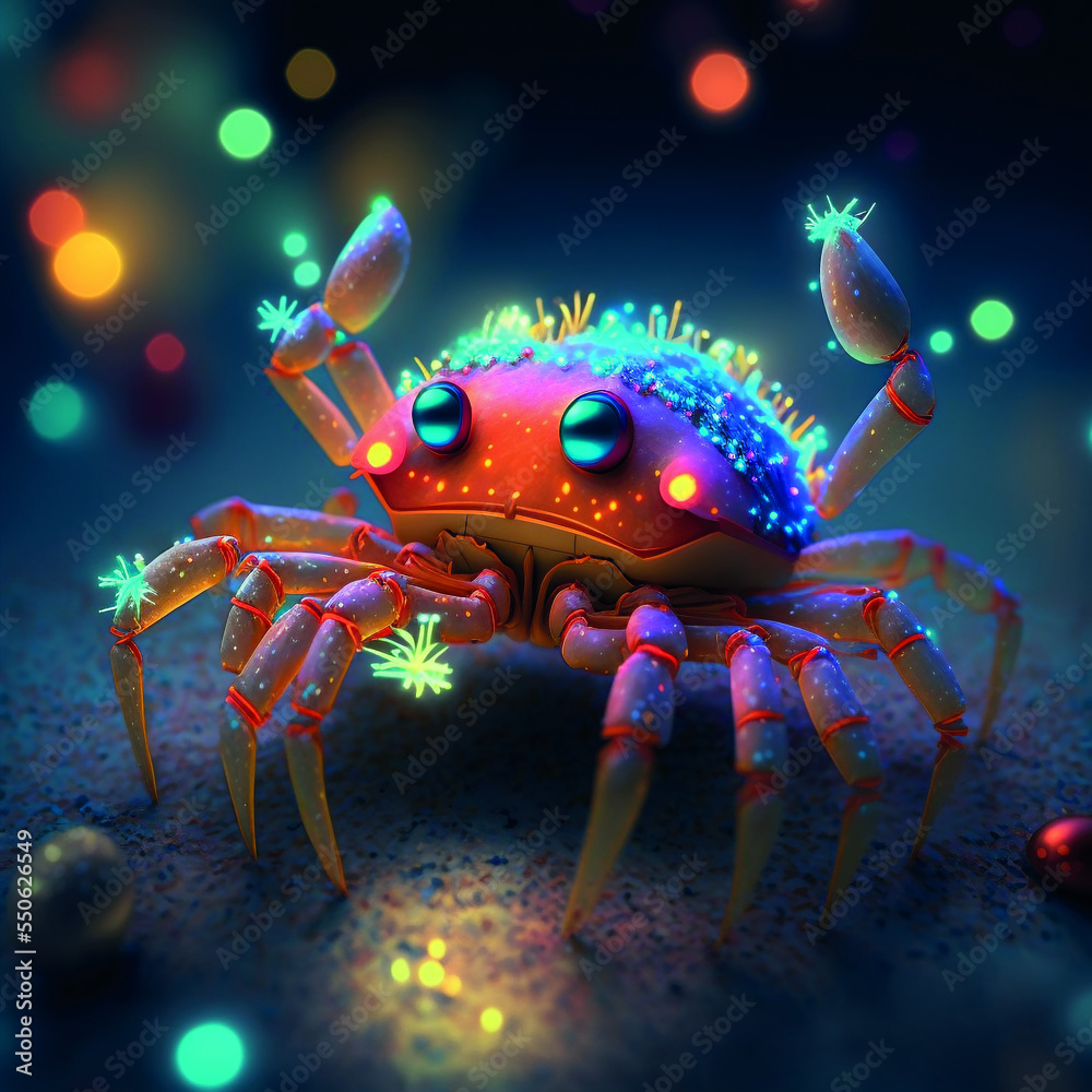 Tiny and cute crab, christmas lights and sparkles. Cartoon style ...