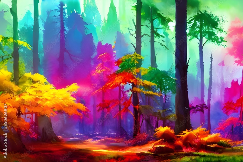 In this painting, a rainbow of colors splash and blend together in an ...