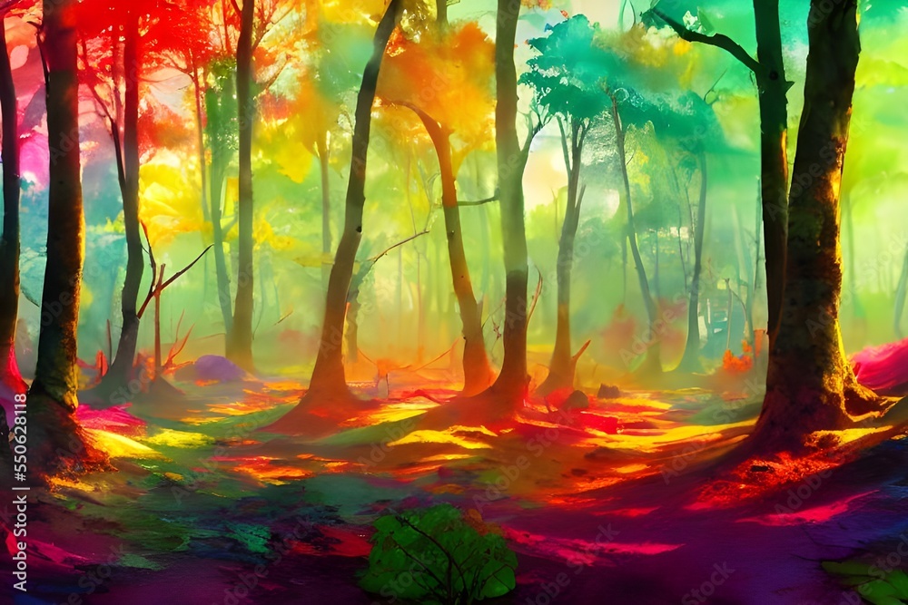 The forest is a beautiful watercolor. The colors are so bright and ...