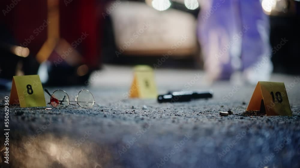 Low, Ground Level Shot: Forensics in Coverall Suit Walking Towards ...