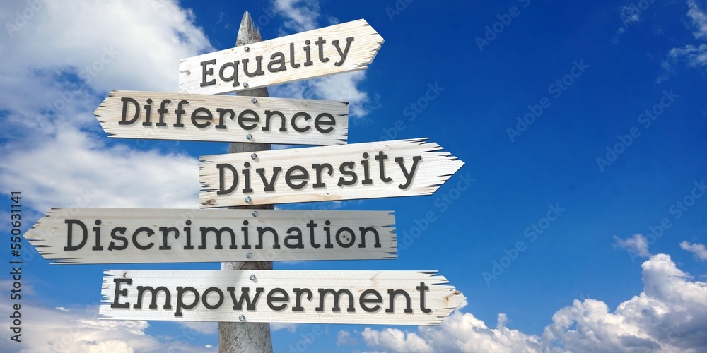 Equality, difference, diversity, discrimination, empowerment - wooden ...
