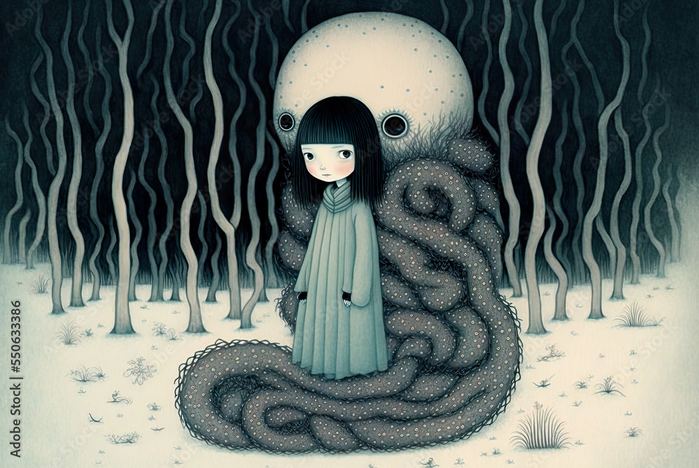 Illustrazione Stock Girl with her familiar demon, cute illustration of ...