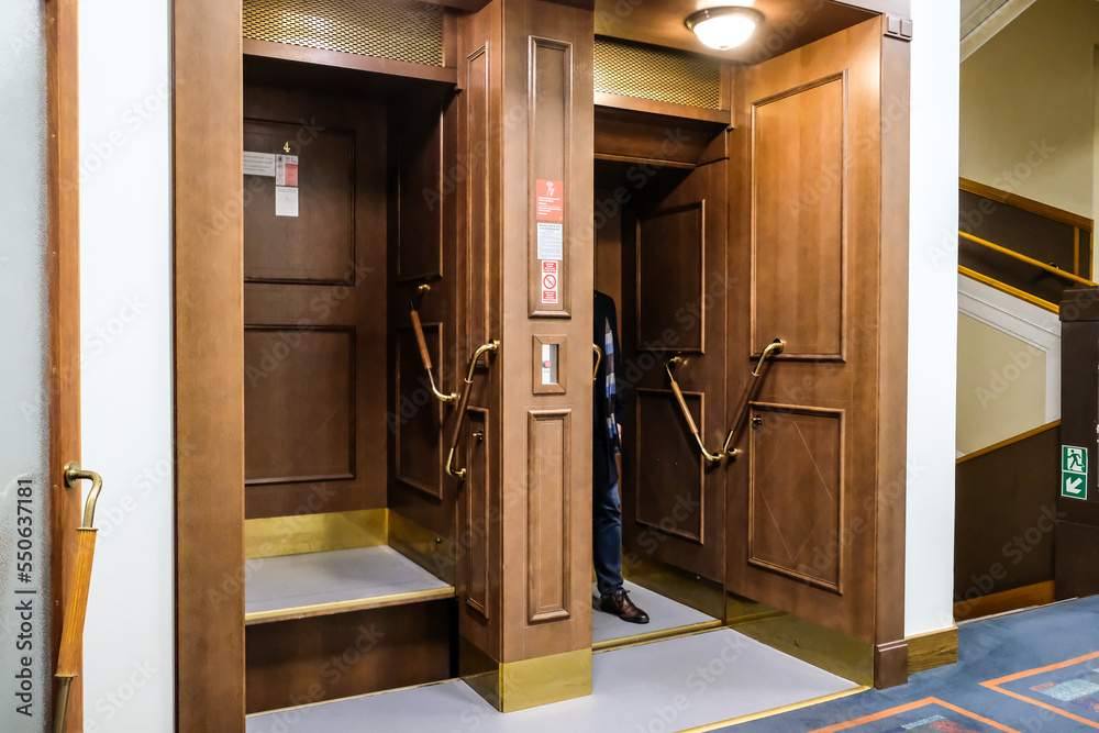 Prague, Czech Republic - December 1, 2022: Historic Paternoster elevator in Prague New Town Hall ...
