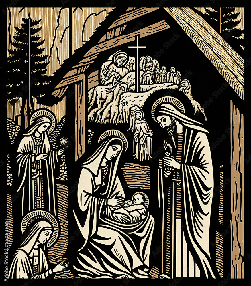 woodcut print of a christmas nativity scene Stock Illustration | Adobe ...