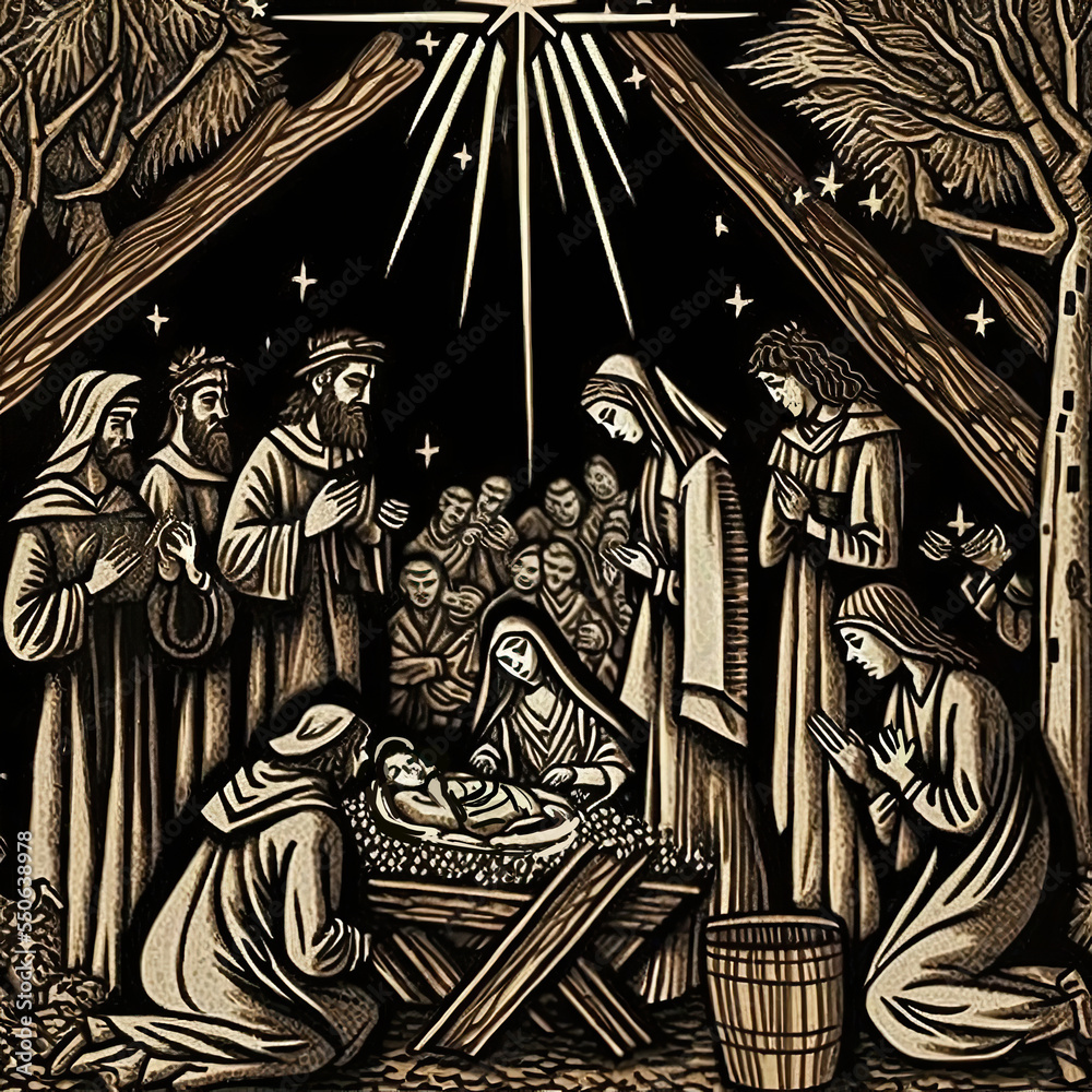 woodcut print of a christmas nativity scene Stock Illustration | Adobe ...