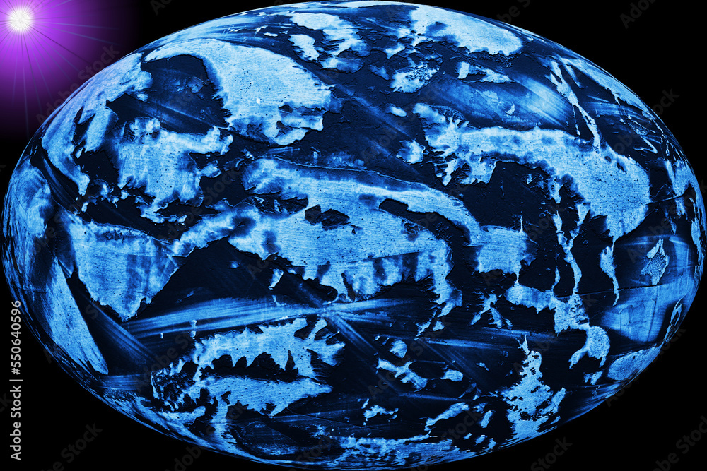 Abstract blue oval Planet egg shape with bight violet glowing star ...