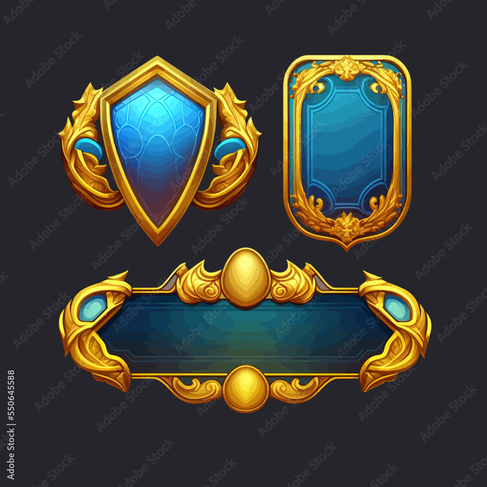 Game ui frames, gold medieval menu elements, buttons or banners with ...