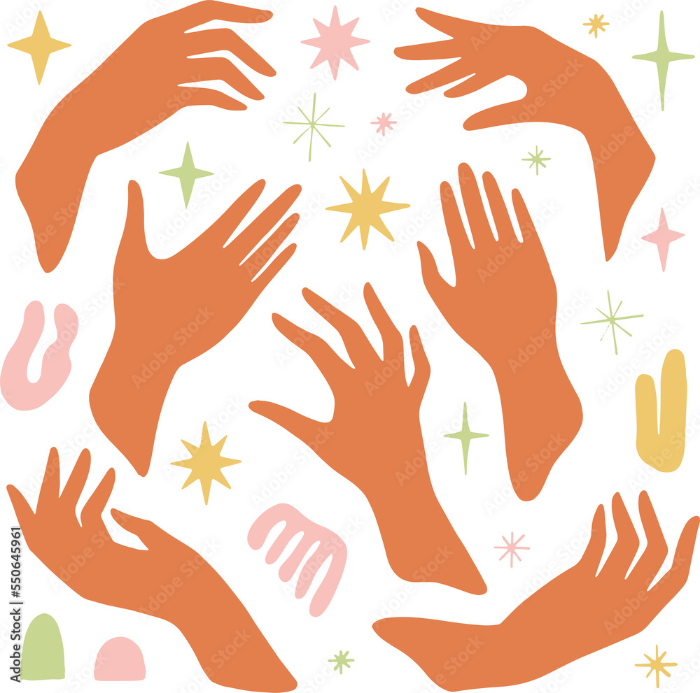Set of hand gestures with festive star symbols. Holiday hand drawn PNG ...