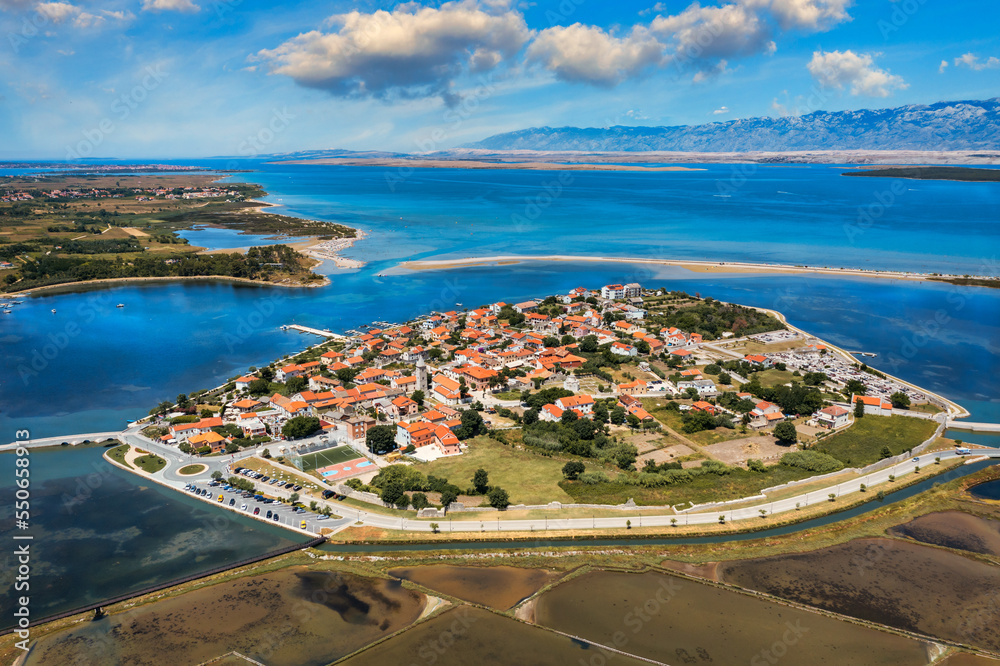 Historic town of Nin laguna aerial view with Velebit mountain ...