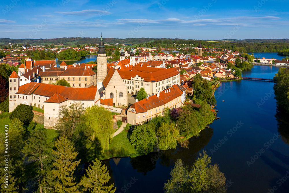 Aerial landscape of small Czech town of Telc with famous Main Square ...