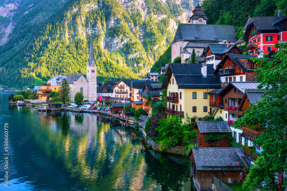 View of famous Hallstatt mountain village in the Austrian Alps at ...