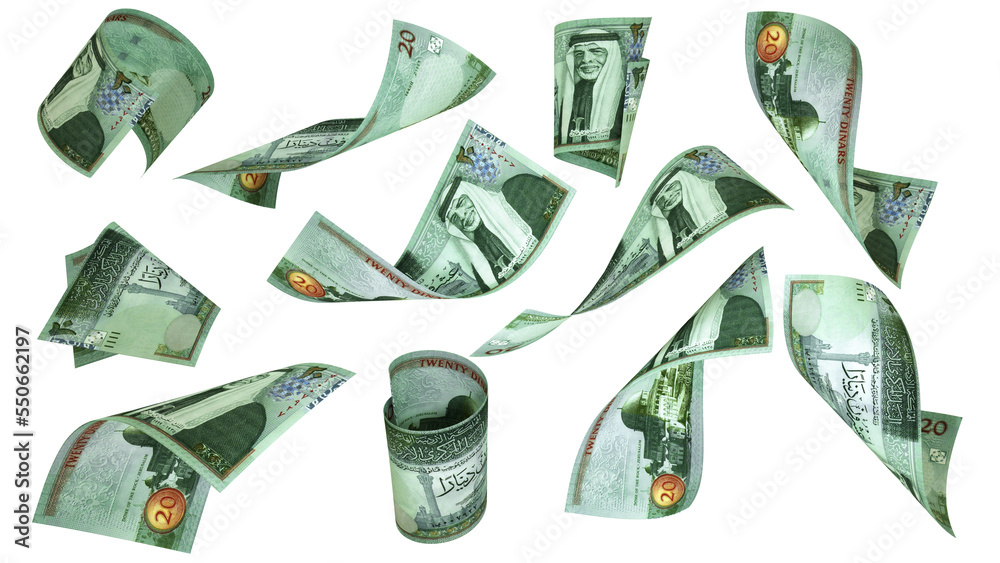 3D rendering of Jordanian dinar notes flying in different angles and ...