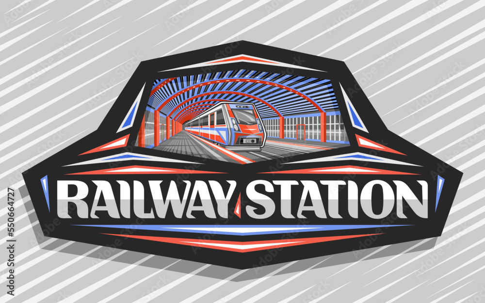 Vector logo for Railway Station, dark decorative sign board with ...