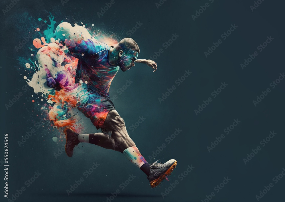 Soccer player with a graphic trail and color splash background. Stock ...